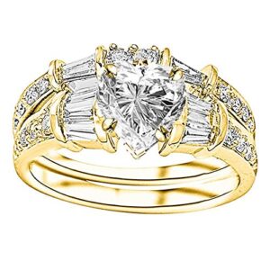 14k yellow gold 1.75 carat lab grown diamond baguette and round brilliant heart cut diamond engagement ring and wedding band set (d-e color vs1-vs2 clarity 1 ct center)