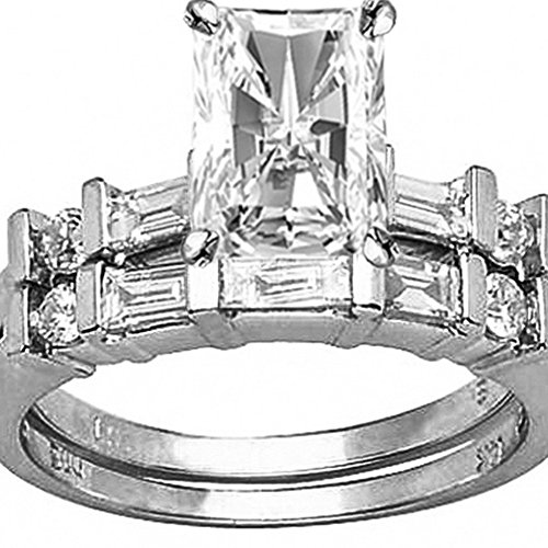 14K White Gold 2.25 Carat LAB GROWN DIAMOND Channel Set Baguette And Round Radiant Cut Diamond Engagement Ring Bridal Wedding Set (G-H Color VS1-VS2 Clarity 1.5 Ct Center)