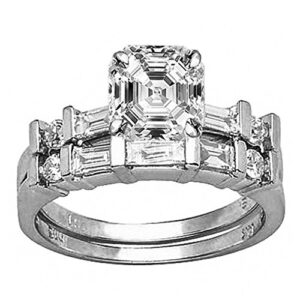 platinum 3.75 carat lab grown igi certified diamond channel set baguette and round asscher cut diamond engagement ring bridal wedding set (h-i color vs1-vs2 clarity 3 ct center)