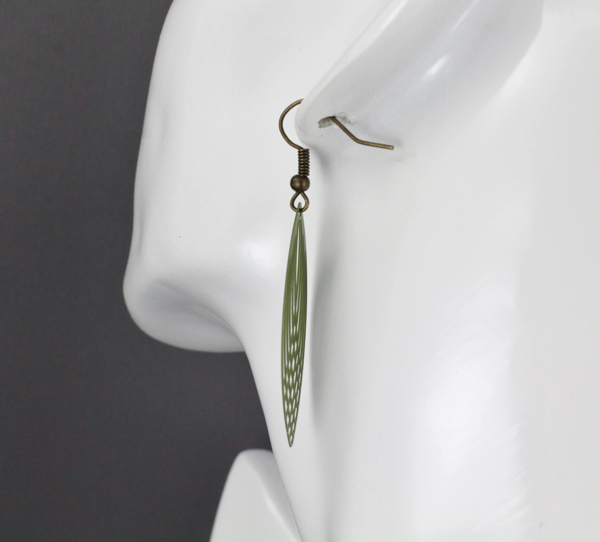 Olive Green earrings teardrop dangle lightweight oval filigree 2 1/4 inches long painted very lightweight