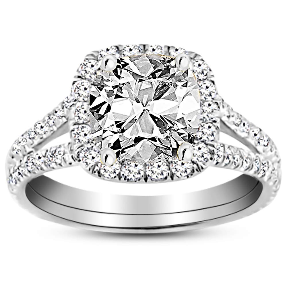 Houston Diamond District 14K White Gold 3.75 Carat LAB GROWN DIAMOND Split Shank Cushion Cut Diamond Engagement Ring (G-H Color VS2-SI1 Clarity 3 Ct Center)