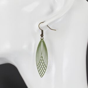 Olive Green earrings teardrop dangle lightweight oval filigree 2 1/4 inches long painted very lightweight