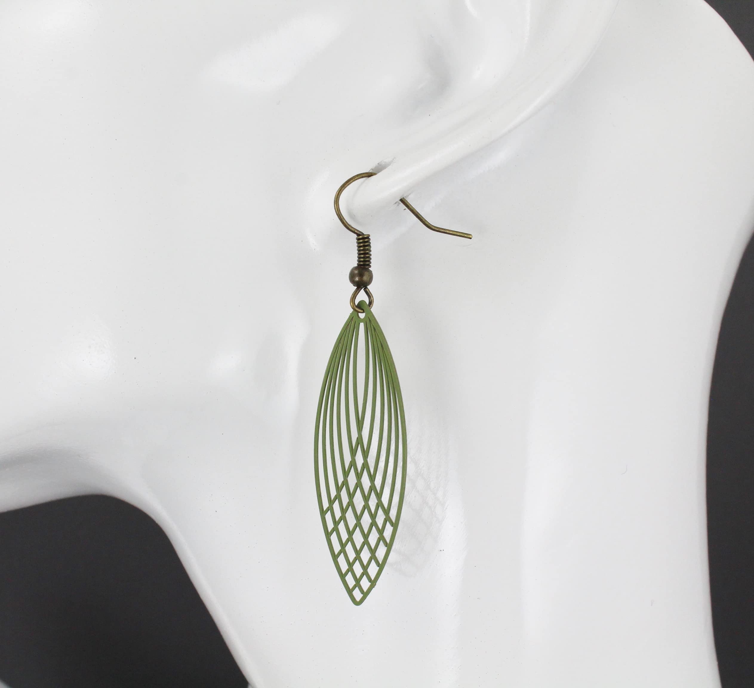 Olive Green earrings teardrop dangle lightweight oval filigree 2 1/4 inches long painted very lightweight