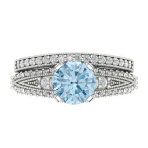 clara pucci 2.07ct round cut pave solitaire with accent natural swiss blue topaz statement bridal ring band set 14k white gold 8.5