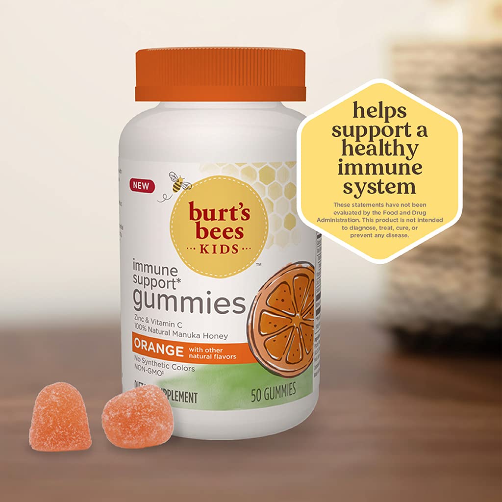 Burt's Bees Kids Immune Support Gummies: Vitamin C and Zinc, Natural Manuka Honey, Orange Flavor, 50 Count