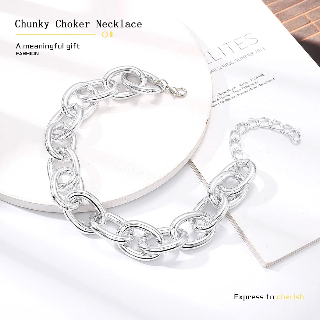 CLOACE Chunky Choker Necklace Silver Cuban Link Chain Necklaces Thick Necklace Chain Punk Jewelry Adjustable for Women and Girls (Silver chain)