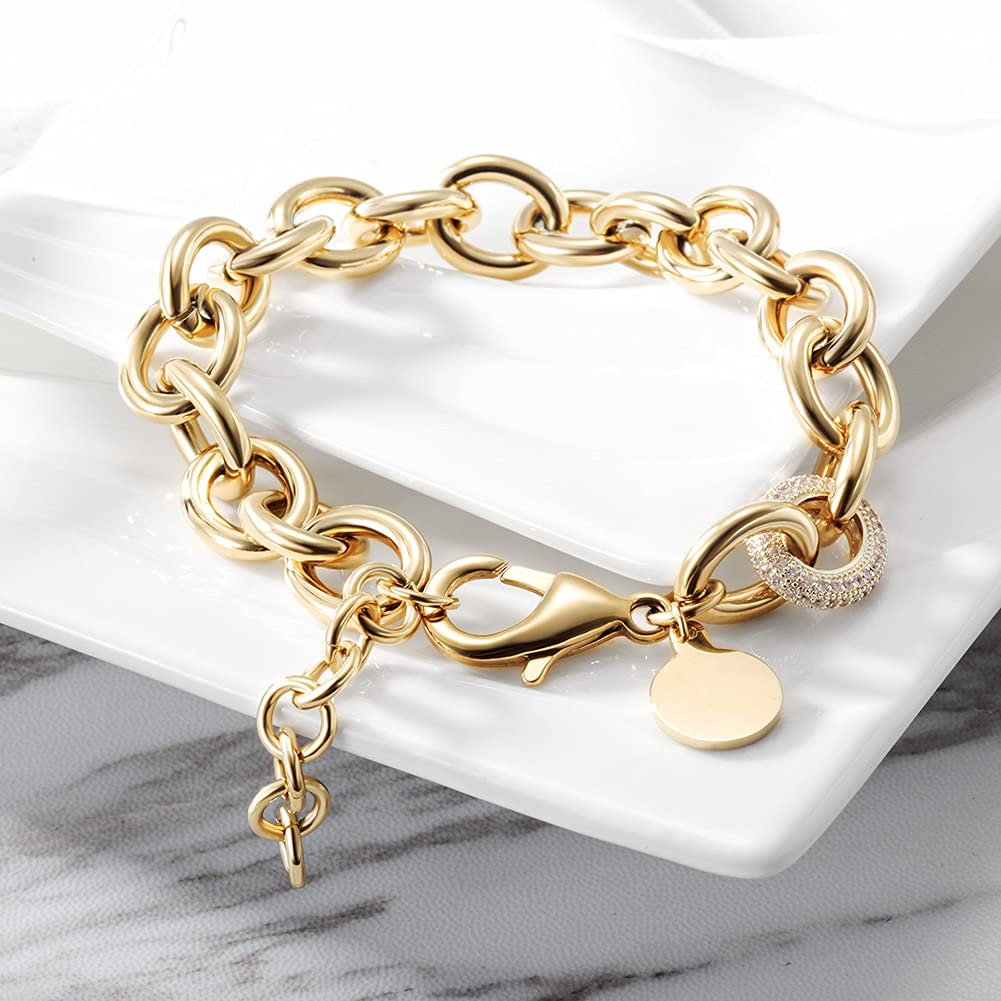 Jinbaoying CZ Wide Cuban Curb Link Bracelets for Women Adjustable Extenders Chunky Bracelet Gold Silver Rose Gold Plated Stainless Steel Link Charm Chain with Round Disc Charm (Small Disc Gold)