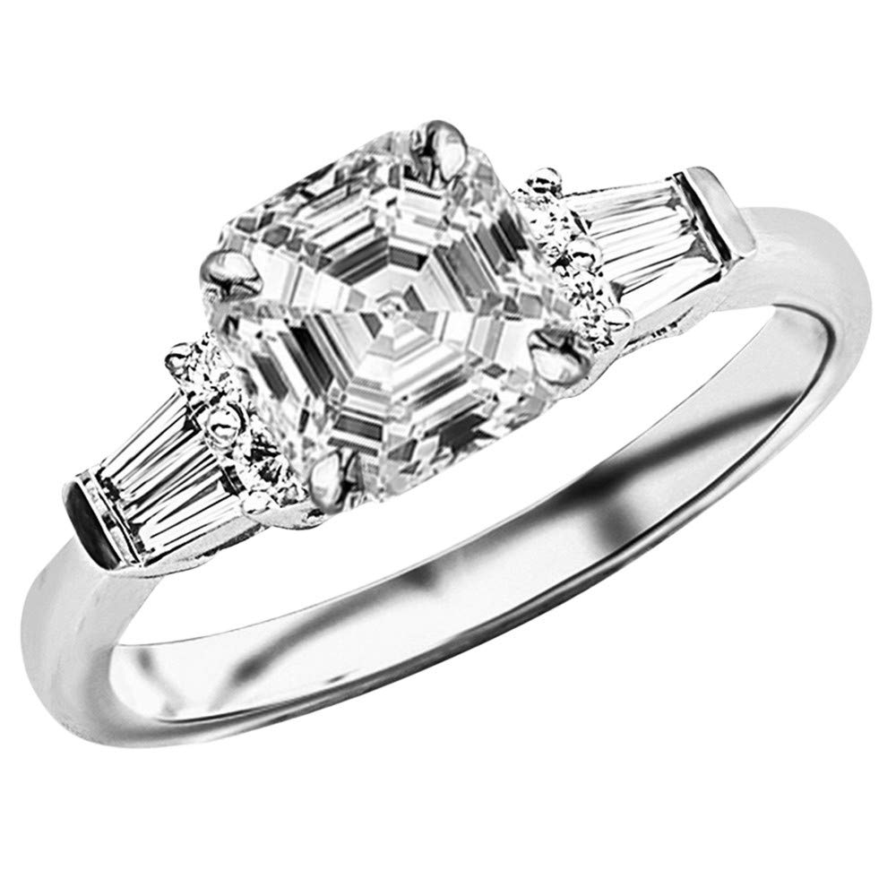 Platinum 5.5 Carat LAB GROWN IGI CERTIFIED DIAMOND Prong Set Round And Baguette Asscher Cut Diamond Engagement Ring (D-E Color VS1-VS2 Clarity 5 Ct Center)