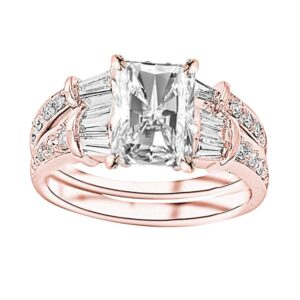 14k rose gold 2.75 carat lab grown igi certified diamond baguette and round brilliant radiant cut diamond engagement ring and wedding band set (d-e color vs1-vs2 clarity 2 ct center)