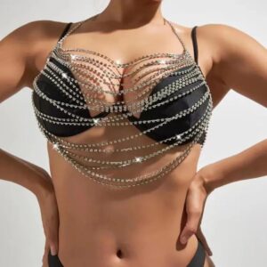 Salliy Boho Body Chain Bra Silver Sexy Rhinestone Bikini Bra Body Halter Backless Sequins Chain Bra Beach Body Accessories Jewelry for Women and Girls (Bra)