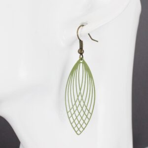 Olive Green earrings teardrop dangle lightweight oval filigree 2 1/4 inches long painted very lightweight