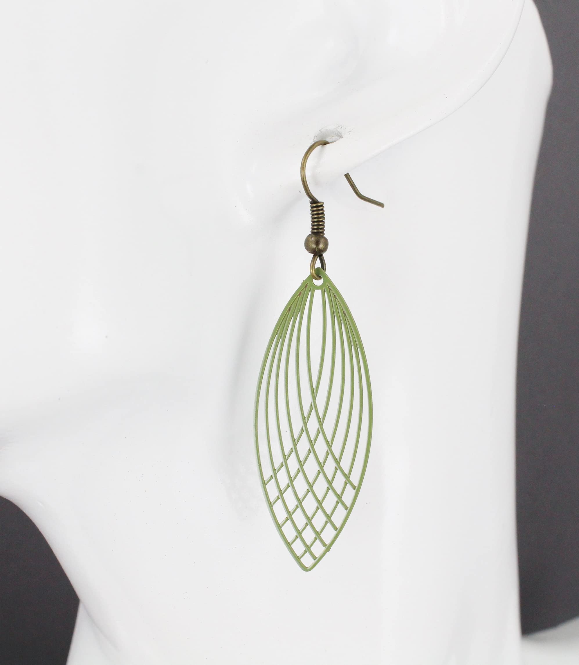 Olive Green earrings teardrop dangle lightweight oval filigree 2 1/4 inches long painted very lightweight