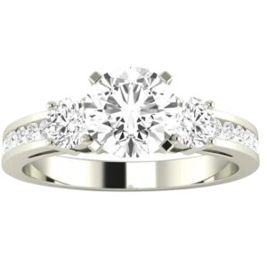 14k white gold 3.25 carat lab grown diamond channel set 3 three stone round cut diamond engagement ring (e-f color vs2-si1 clarity 2.5 ct center)