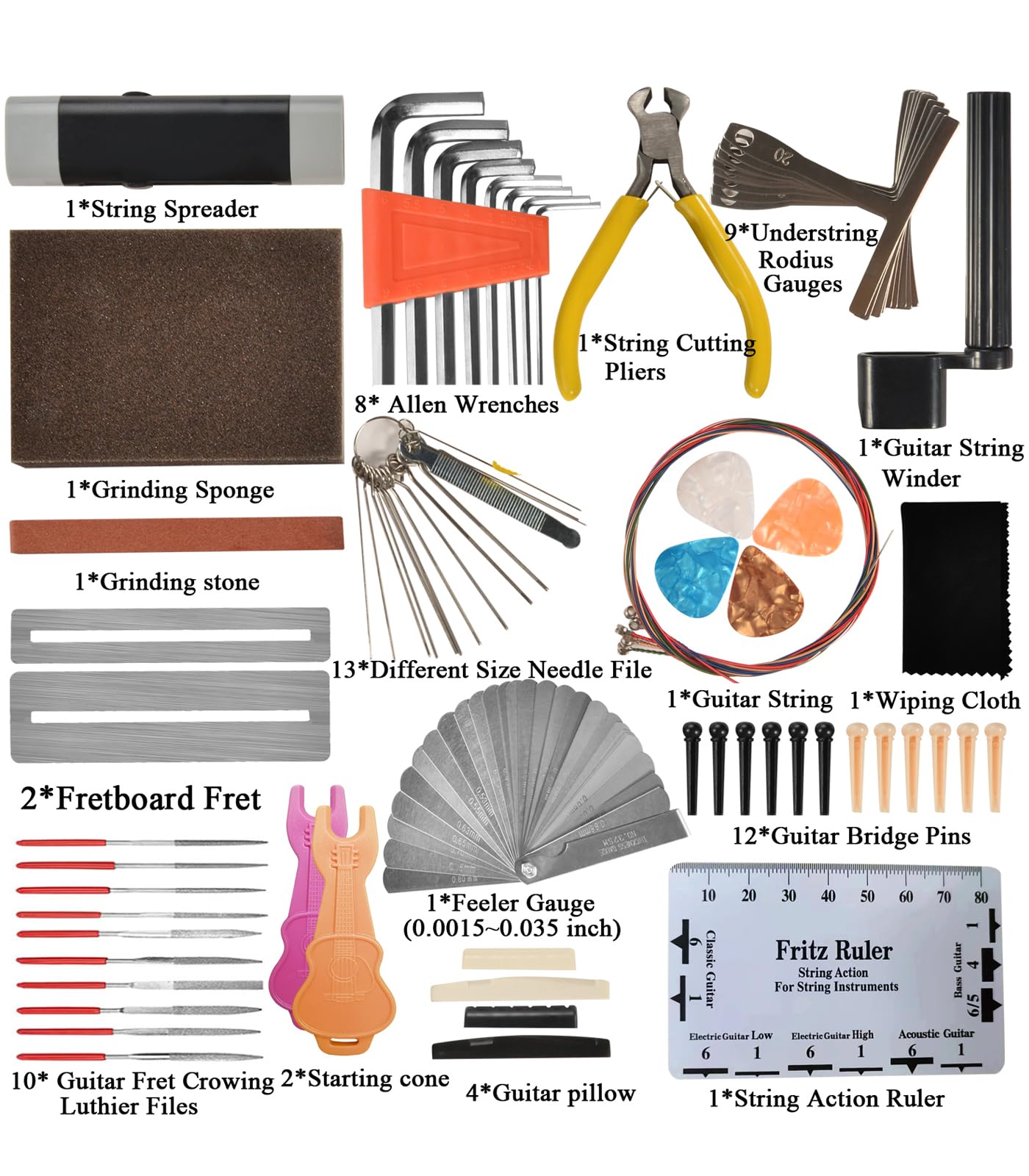 74 Pcs Guitar Tools Kits Repair Setup Maintenance Adjustments Cleaning DIY for Electric Guitar, Ukulele, Bass Banjo & Other Stringed Instruments Beginner Professionals Luthier Easy Use GAT-188