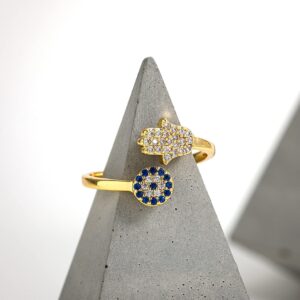 SLOONG Evil Eye Hamsa Hand Ring 14k Gold Plated Third Eye White Zircon Gemstone Blue Cz for Womens (Gold)