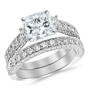 houston diamond district - platinum 2 carat lab grown diamond three stone vintage with milgrain & filigree bridal set with wedding band & princess cut diamond engagement ring | 10 6.5 4