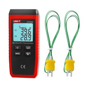 uni-t k/j type thermocouple, mini contact type dual channel thermometer,minus 58f to 2192f wide range digital thermometer, pipe/radiator/probe thermometer temperature gauge ut320d