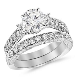 houston diamond district - platinum 3 carat lab grown igi certified diamond three stone vintage with milgrain & filigree bridal set with wedding band & round cut diamond engagement ring | 10 5 4