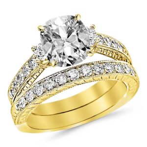 houston diamond district 14k yellow gold 3 carat lab grown three stone vintage milgrain & filigree bridal set, wedding band & cushion cut diamond engagement ring (d-e color vs1-vs2 2 ct center), 7