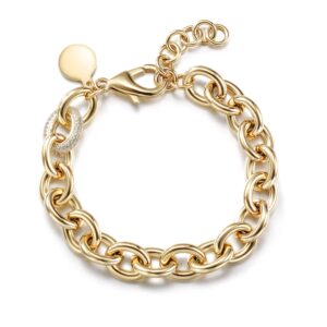 jinbaoying cz wide cuban curb link bracelets for women adjustable extenders chunky bracelet gold silver rose gold plated stainless steel link charm chain with round disc charm (small disc gold)