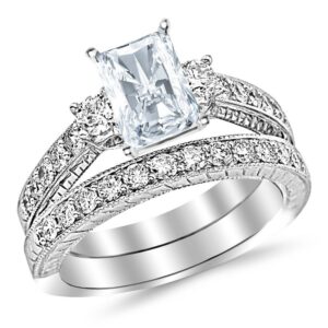 14k white gold 2 carat lab grown diamond three stone vintage with milgrain & filigree bridal set with wedding band & radiant cut diamond engagement ring (g-h color vs1-vs2 clarity 1 ct center)