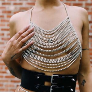 Salliy Boho Body Chain Bra Silver Sexy Rhinestone Bikini Bra Body Halter Backless Sequins Chain Bra Beach Body Accessories Jewelry for Women and Girls (Bra)