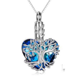 yfn urn necklace for ashes for women tree of life heart cremation jewelry sterling silver with blue crystal with funnel filler urn jewelry gifts for women