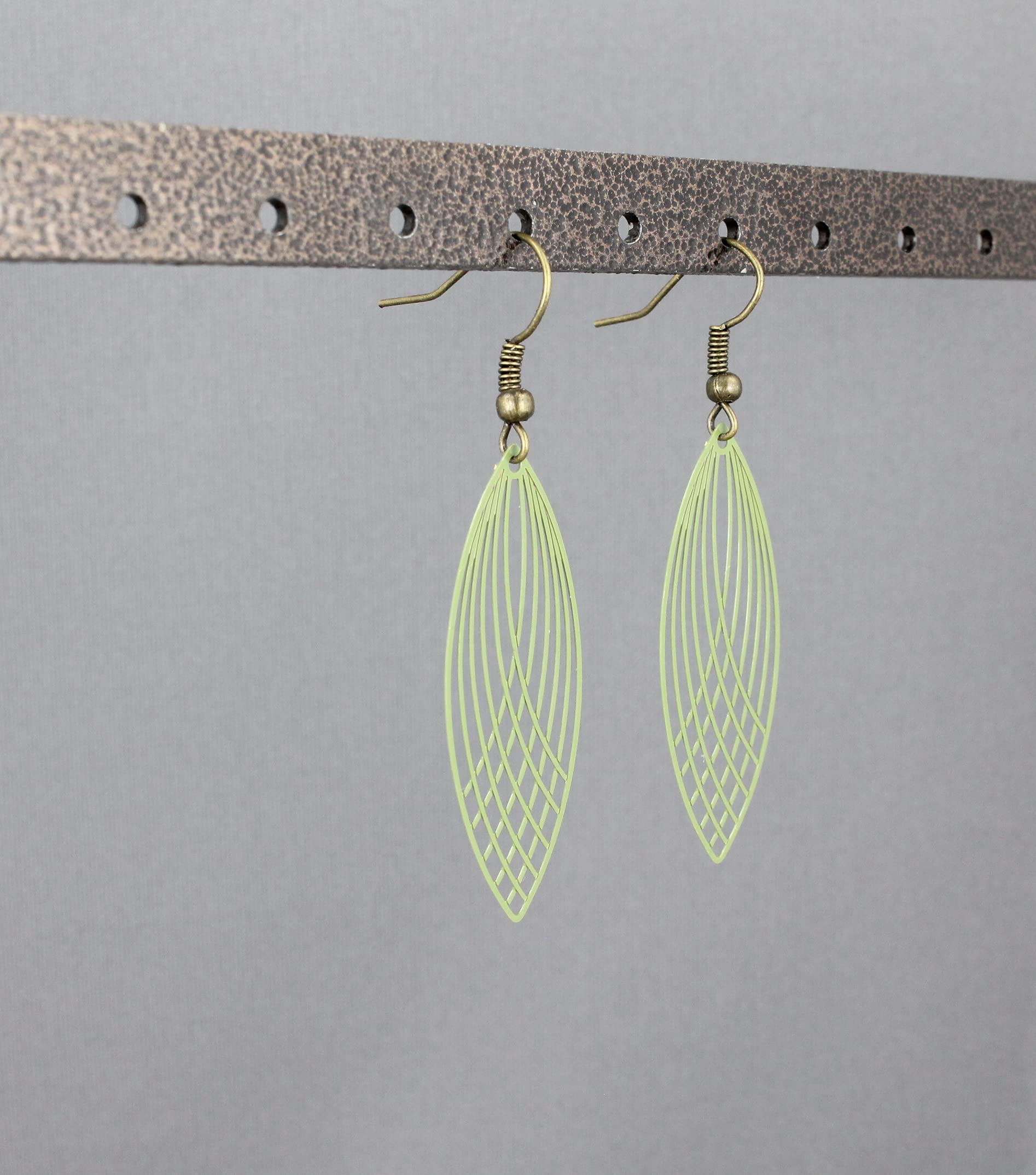 Olive Green earrings teardrop dangle lightweight oval filigree 2 1/4 inches long painted very lightweight