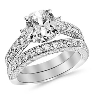 houston diamond district 14k white gold 3 ct lab grown diamond 3 stone vintage w/milgrain & filigree bridal set w/wedding band & cushion cut engmt ring (e-f color vs2-si1 clarity 2 ct center) size:7