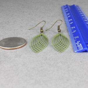 Olive Green earrings teardrop dangle lightweight oval filigree 2 1/4 inches long painted very lightweight