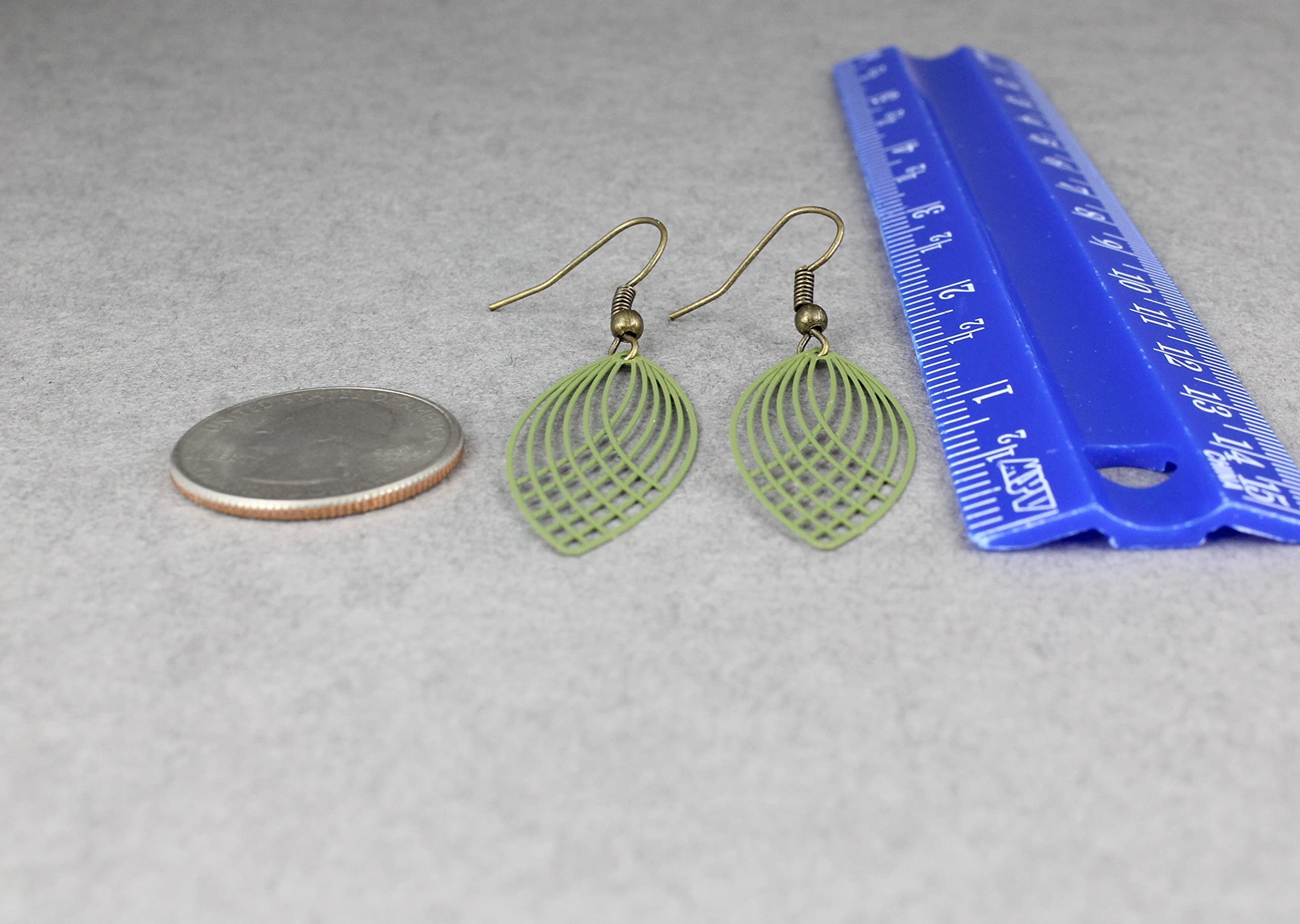 Olive Green earrings teardrop dangle lightweight oval filigree 2 1/4 inches long painted very lightweight