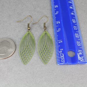 Olive Green earrings teardrop dangle lightweight oval filigree 2 1/4 inches long painted very lightweight