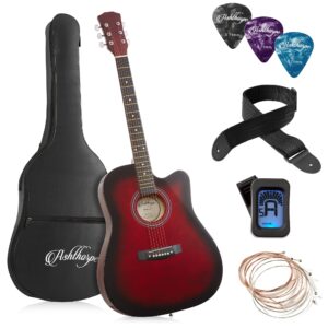 ashthorpe 41-inch beginner cutaway acoustic guitar package (red), full size basic starter kit w/gig bag, strings, strap, tuner, picks