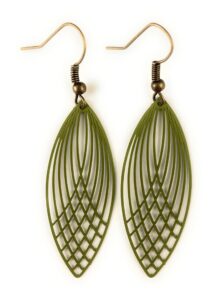 olive green earrings teardrop dangle lightweight oval filigree 2 1/4 inches long painted very lightweight