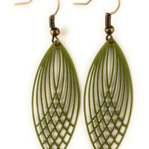 Olive Green earrings teardrop dangle lightweight oval filigree 2 1/4 inches long painted very lightweight