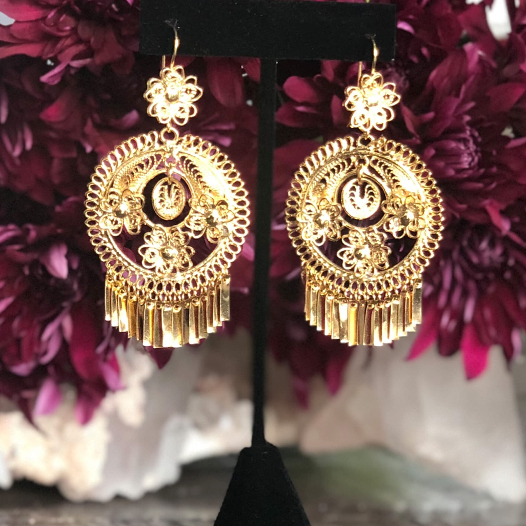 Folklorico Earrings, 3-Flowers (Medium) Size, Day of the Dead, Mexican Earrings