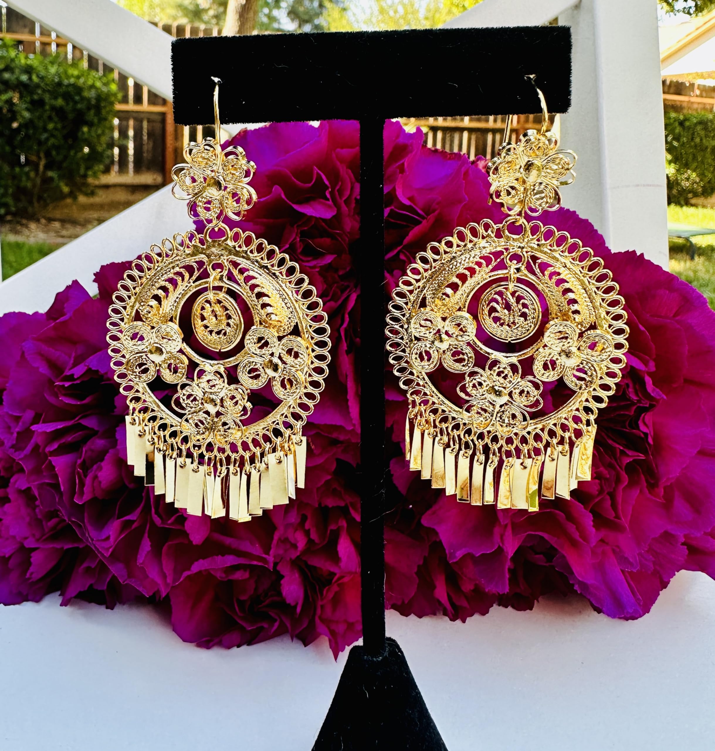 Folklorico Earrings, 3-Flowers (Medium) Size, Day of the Dead, Mexican Earrings