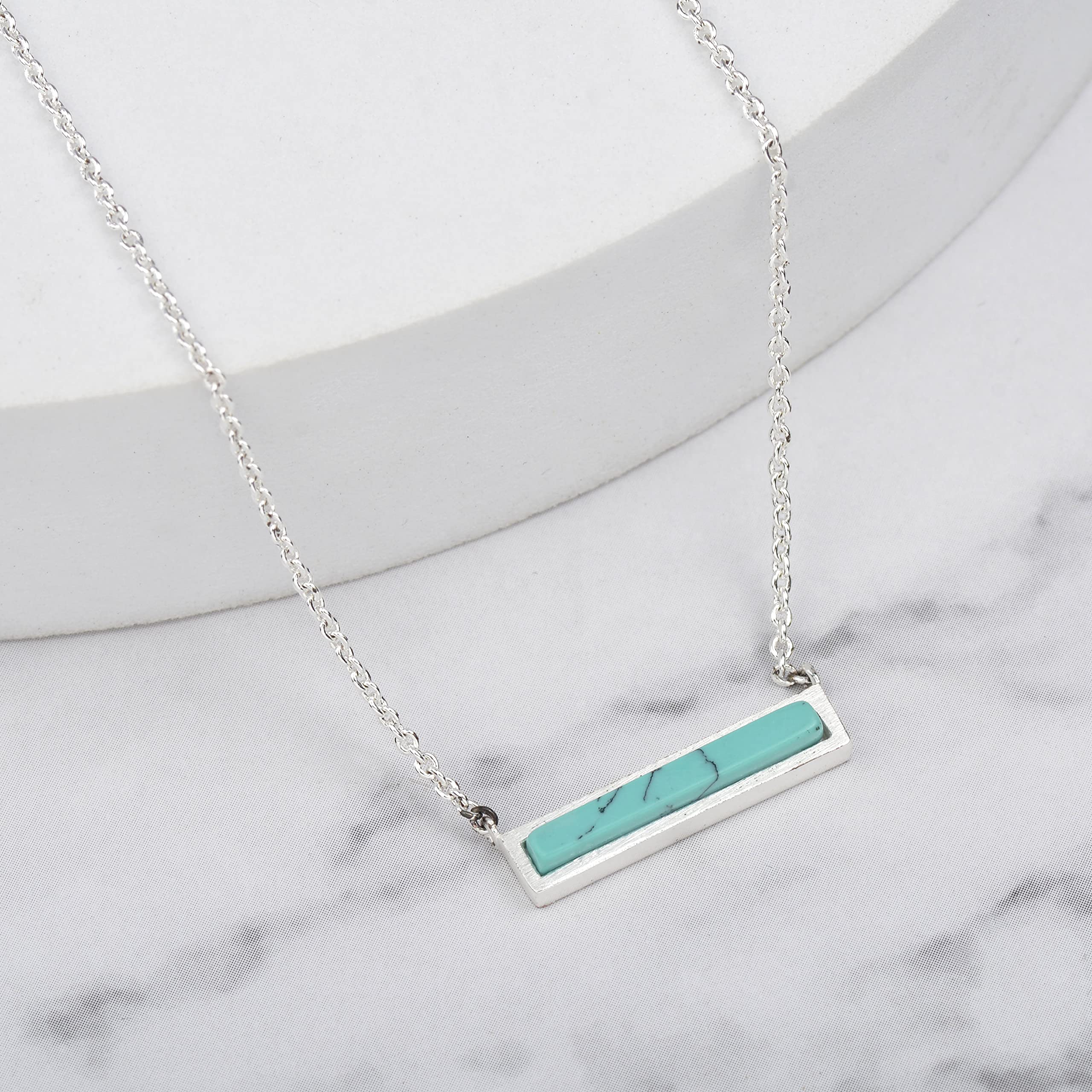 Lauren-Spencer Gemstone Bar Necklaces for Women Gold Silver Plated Simulated Turquoise Necklace Pendant Triangle Square Necklaces Dainty Choker Necklace Jewelry Gift (Silver-Turquoise Bar Necklace)