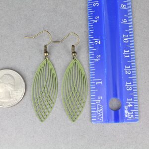 Olive Green earrings teardrop dangle lightweight oval filigree 2 1/4 inches long painted very lightweight