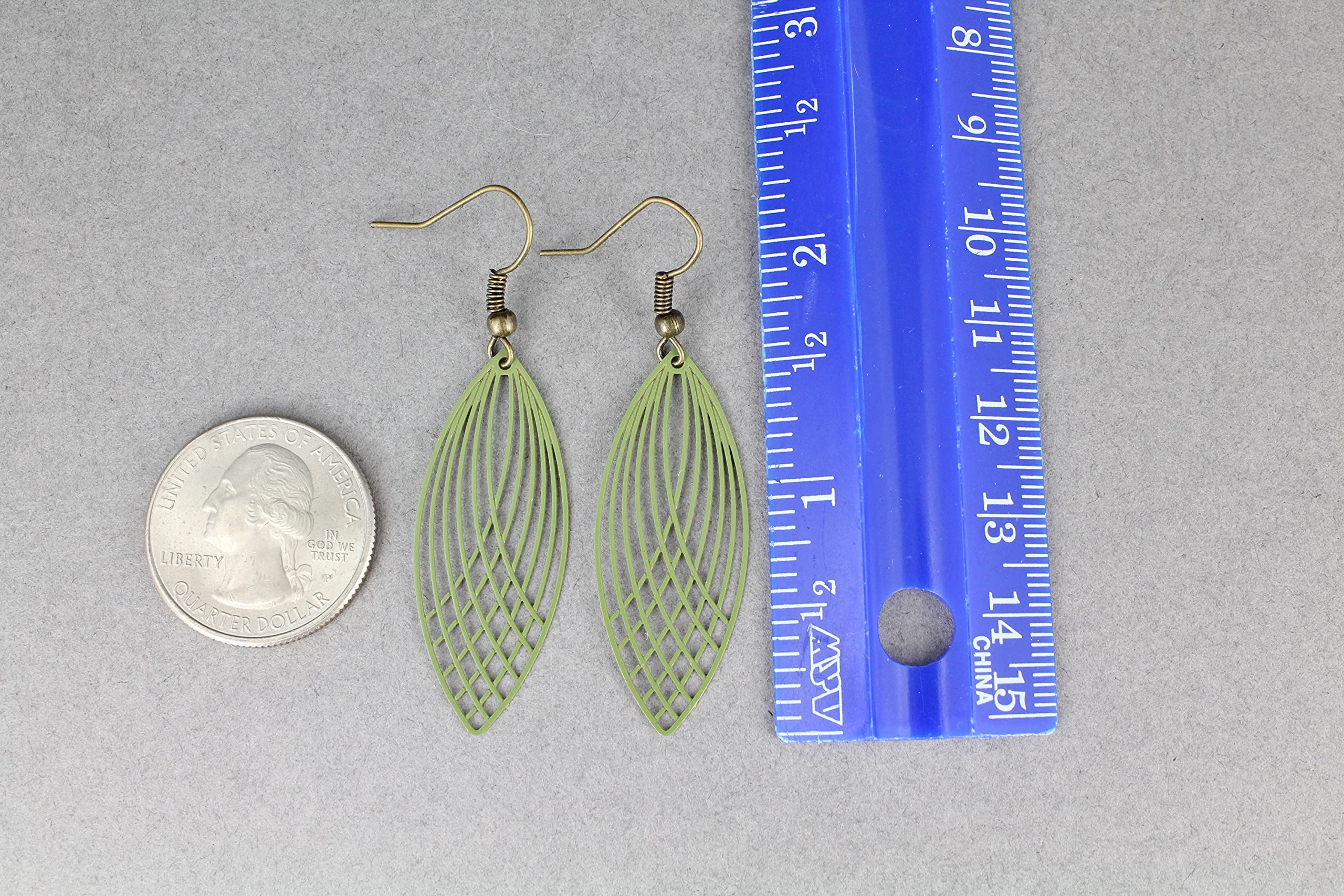 Olive Green earrings teardrop dangle lightweight oval filigree 2 1/4 inches long painted very lightweight