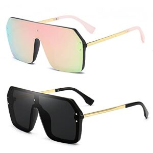 oversized sunglasses for women big one piece trendy flat top rimless visor sunglasses shield large shades black+pink