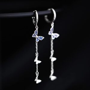 SLUYNZ 925 Sterling Silver Butterfly Dangle Earrings Tassel for Women CZ Butterfly Hoop Earrings Chain (A-Silver)