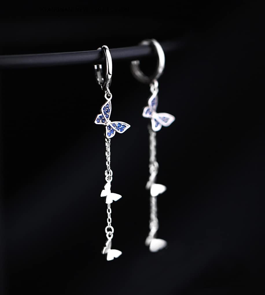 SLUYNZ 925 Sterling Silver Butterfly Dangle Earrings Tassel for Women CZ Butterfly Hoop Earrings Chain (A-Silver)