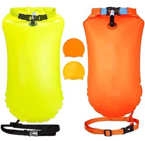 yeshin 2 pack 20l waterproof swim bouy with storage space inflatable dry bag bright color swim safety float for open water swimmers, triathletes, kayakers and snorkelers with swim cap