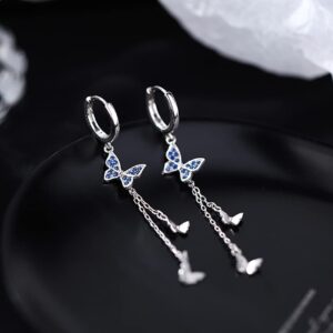 SLUYNZ 925 Sterling Silver Butterfly Dangle Earrings Tassel for Women CZ Butterfly Hoop Earrings Chain (A-Silver)