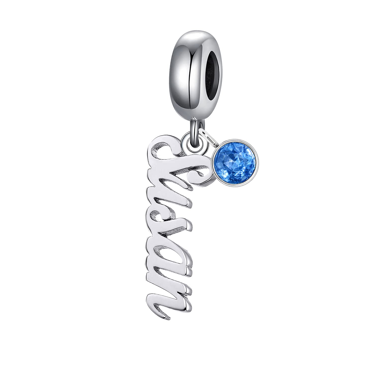 LONAGO Persoanlized Name Charm for Bracelet with Synthetic Birthstone Custom Name Bead Charm Nameplate Charm Bead for Women (Sterling Silver-silver color)