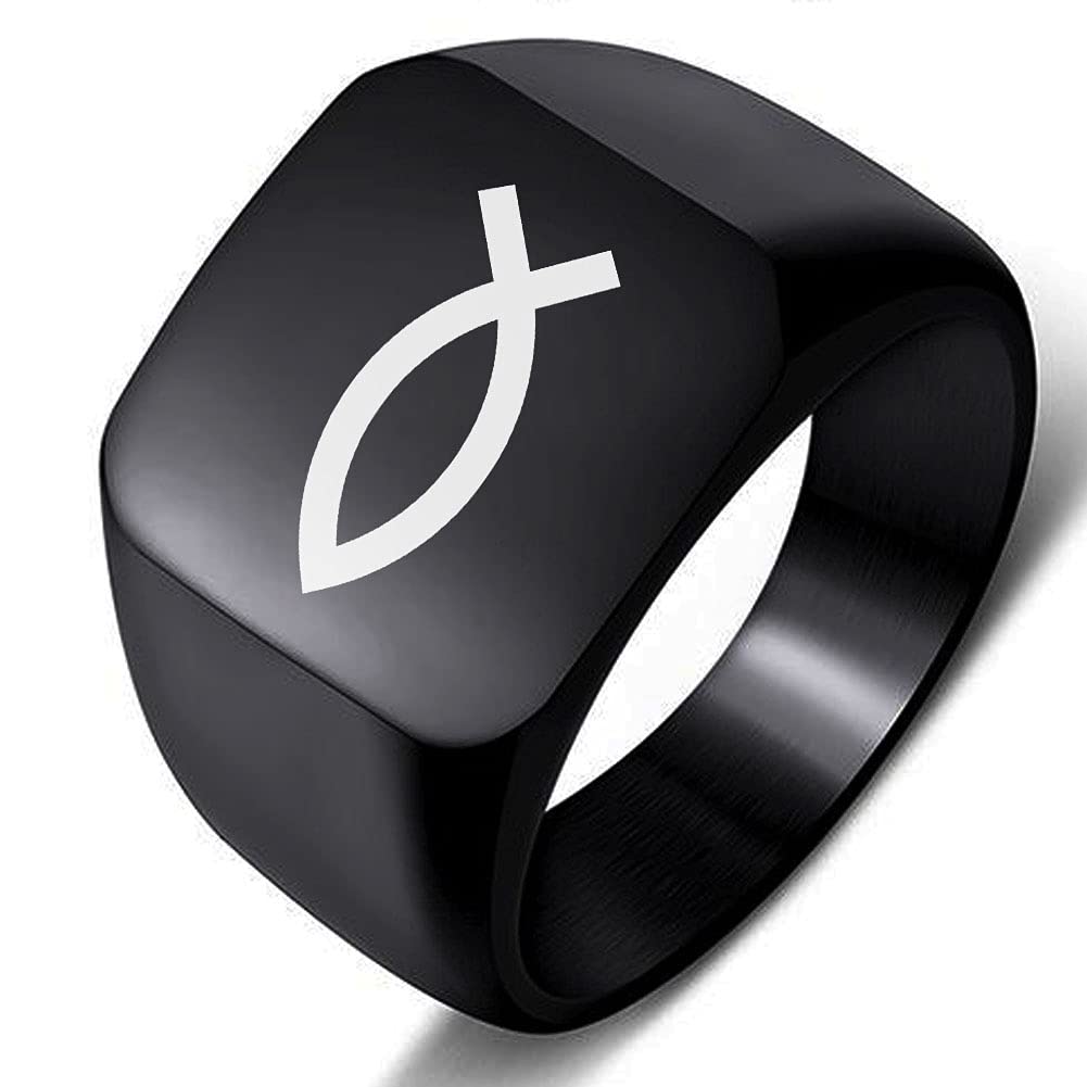 Dacai Christianity Icthys Ichthus Jesus Fish Engraved Symbol Stainless Steel Men Women Jewelry Ring