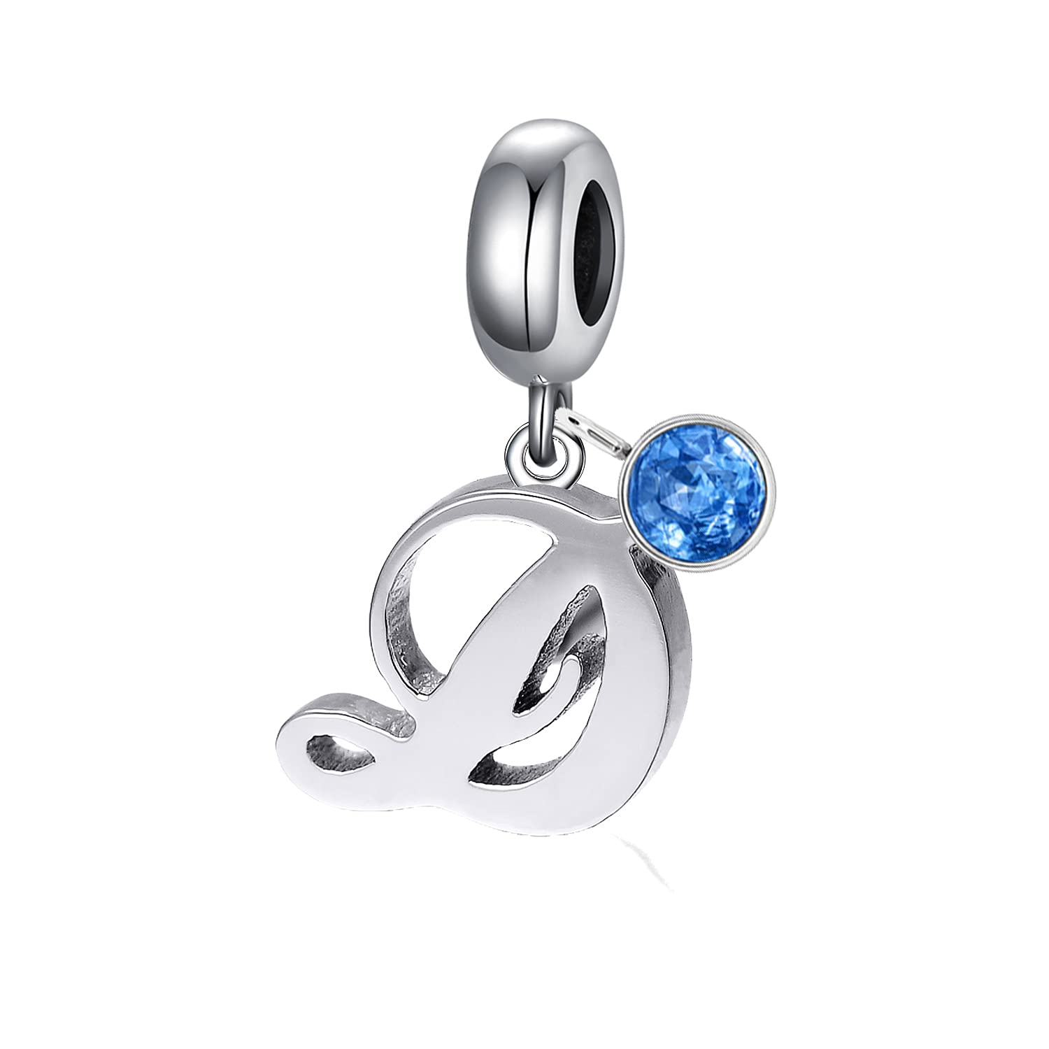 LONAGO Persoanlized Name Charm for Bracelet with Synthetic Birthstone Custom Name Bead Charm Nameplate Charm Bead for Women (Sterling Silver-silver color)