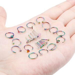 Jenxnjsjo Nose Rings Hoops Studs Piercings Jewelry Set for Women 20g Green Surgical Stainless Steel 20 g Gauge Rainbow Aretes para La Nariz Cute Tiny Straight Bar Nostril Bone Pack Hypoallergenic