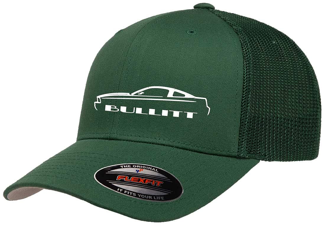 2008 Bullitt Ford Mustang Classic Outline Design Flexfit 6511 Trucker Mesh Fitted Cap Forest